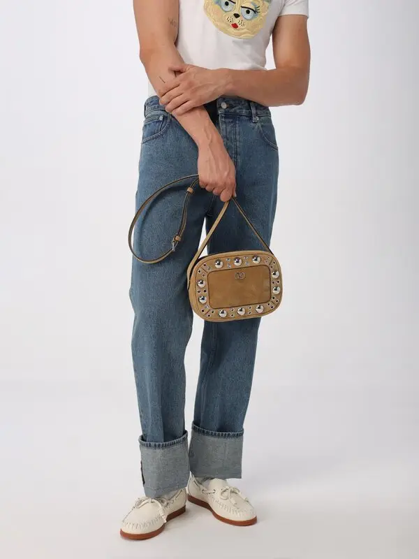 Valentino Garavani Studded Suede Shoulder Bag - Beige
