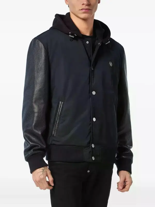 Philipp Plein Leather-sleeve Hooded Bomber Jacket - Blue