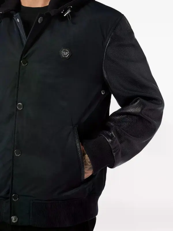Philipp Plein Leather-sleeve Hooded Bomber Jacket - Blue
