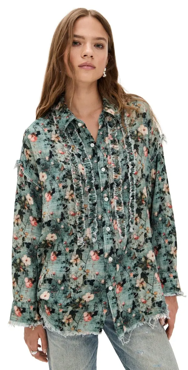 R13 Shredded Seam Ruffle Shirt - Turquoise Floral
