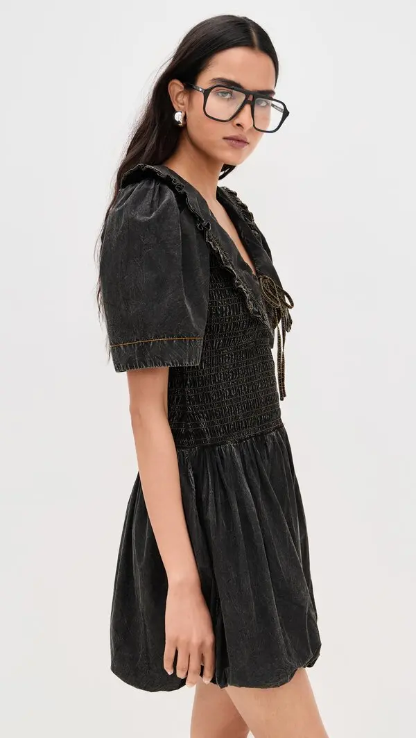 Ganni Garment Dyed Cotton Mini Smock Dress In Black - 60% Off | Editorialist