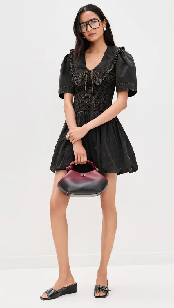 Ganni Garment Dyed Cotton Mini Smock Dress In Black - 60% Off | Editorialist