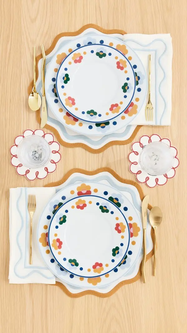 MISETTE Set Of 4 Linen Embroidered Place Mats - Blue/amber