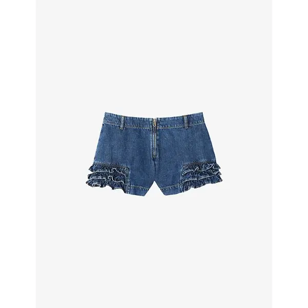 Sandro Ruffled-hem Mid-rise Denim Shorts - Blue Jean