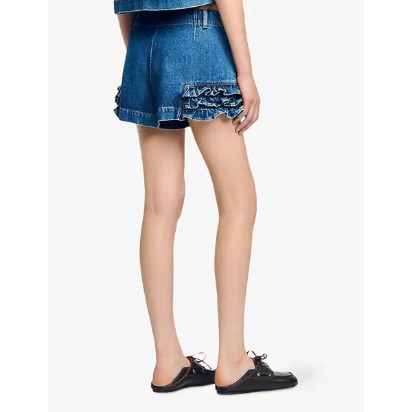 Sandro Ruffled-hem Mid-rise Denim Shorts - Blue Jean