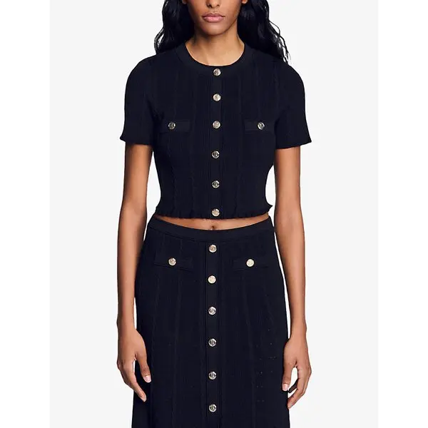Sandro Cropped Pointelle-texture Knitted Top