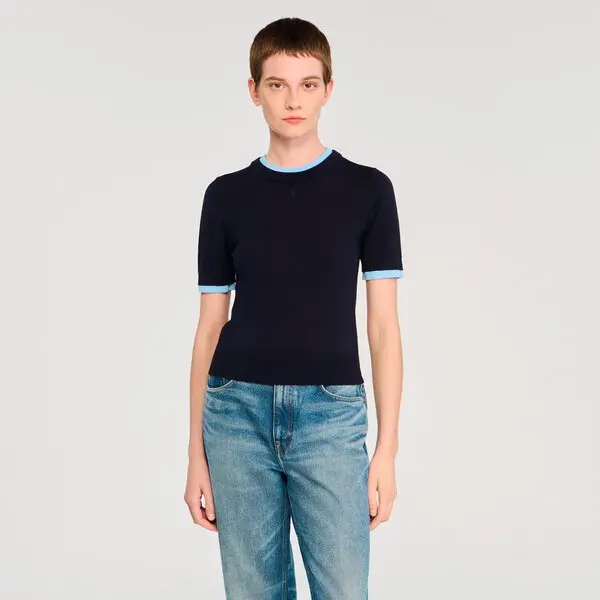 Sandro Cropped Fine Knit Sweater - Navy Blue