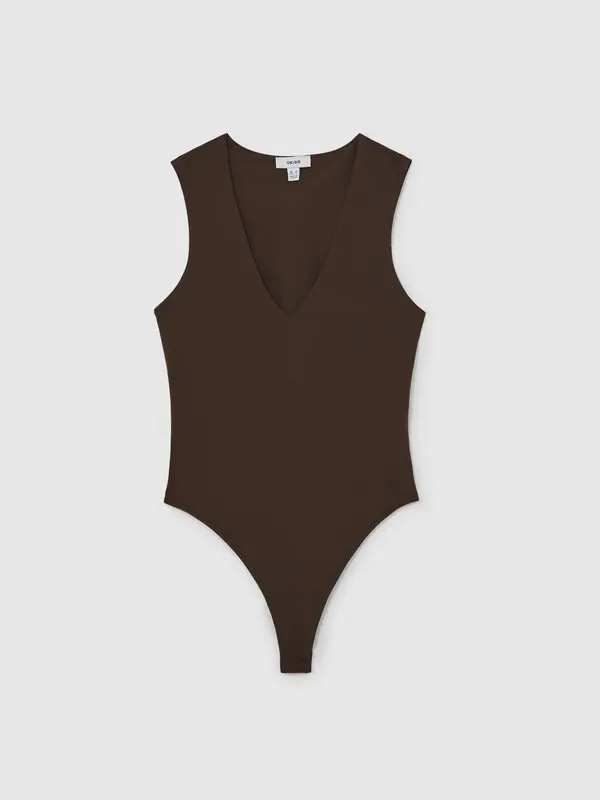 REISS V-neck Sleeveless Bodysuit - Chocolate Brown