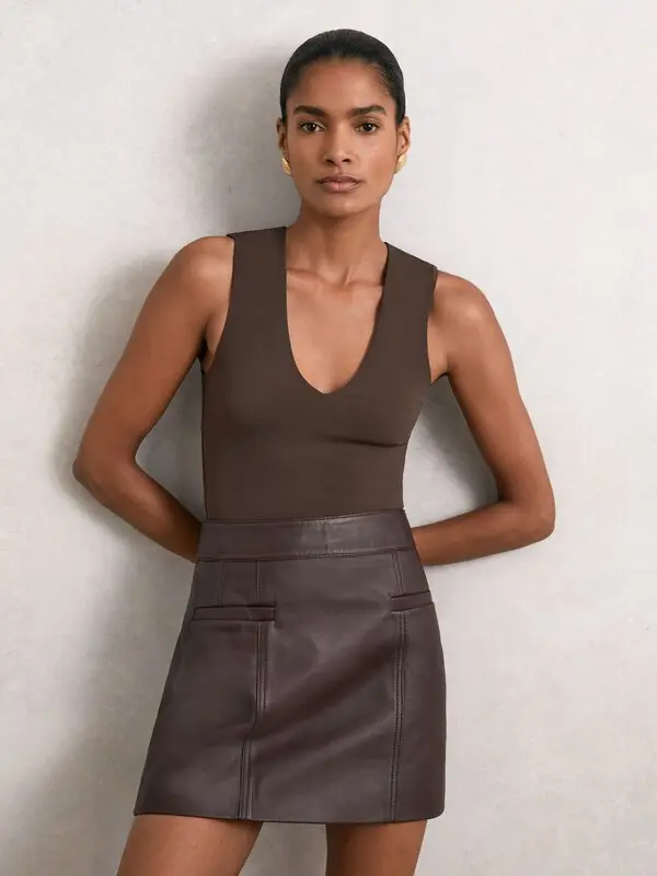 REISS V-neck Sleeveless Bodysuit - Chocolate Brown