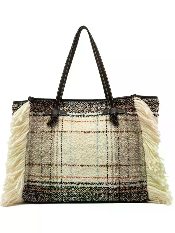 GIANNI CHIARINI Plaid Fringed Tote Bag - Neutrals