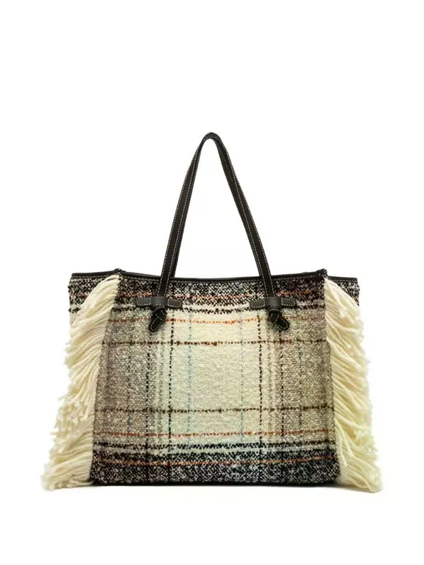 GIANNI CHIARINI Plaid Fringed Tote Bag - Neutrals