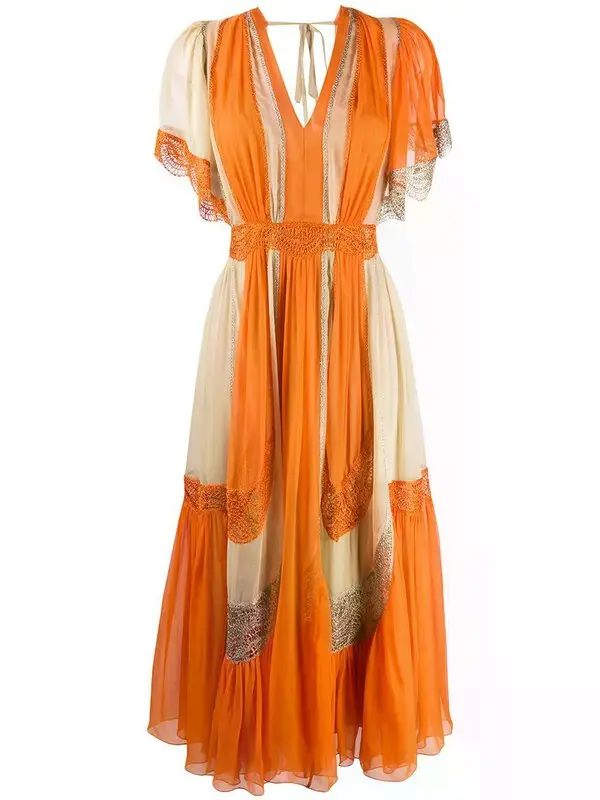 Alberta Ferretti Colour Block Embroidered Silk Dress - Orange