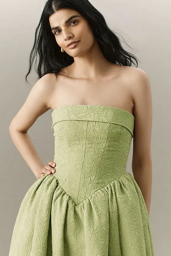 Bhldn Jacquard Strapless Basque-Waist Corset Fit & Flare Gown - Nile |  Editorialist
