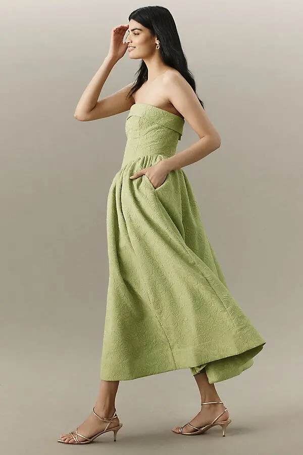 Bhldn Jacquard Strapless Basque-Waist Corset Fit & Flare Gown - Nile |  Editorialist