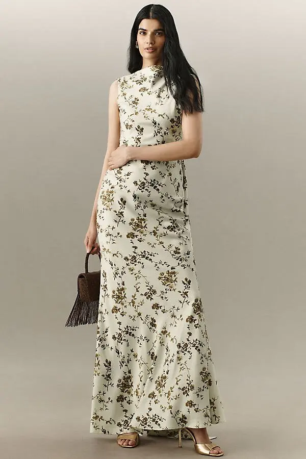 SAU LEE Sleeveless High-neck Crepe Maxi Dress - Beige Multi