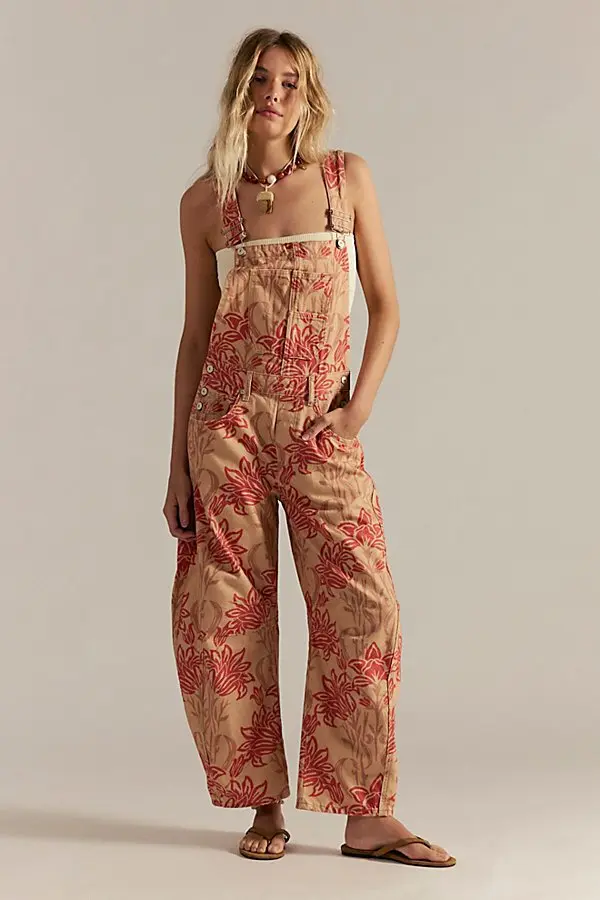 Free People We The Free Good Luck Printed Overalls - Tan Combo-bold Wallpaper