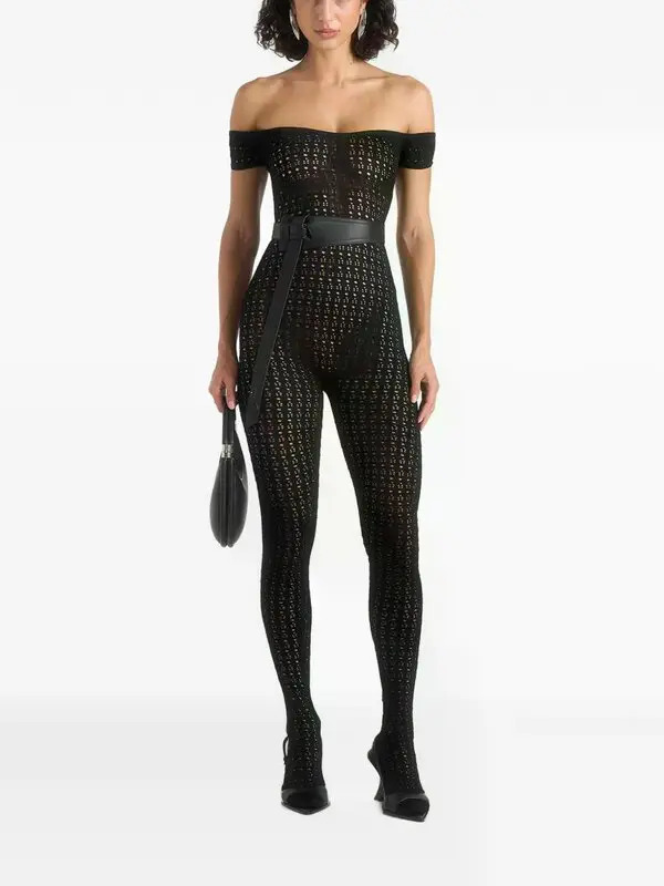 Manière De Voir Pointelle-knit Bardot-neck Jumpsuit - Black
