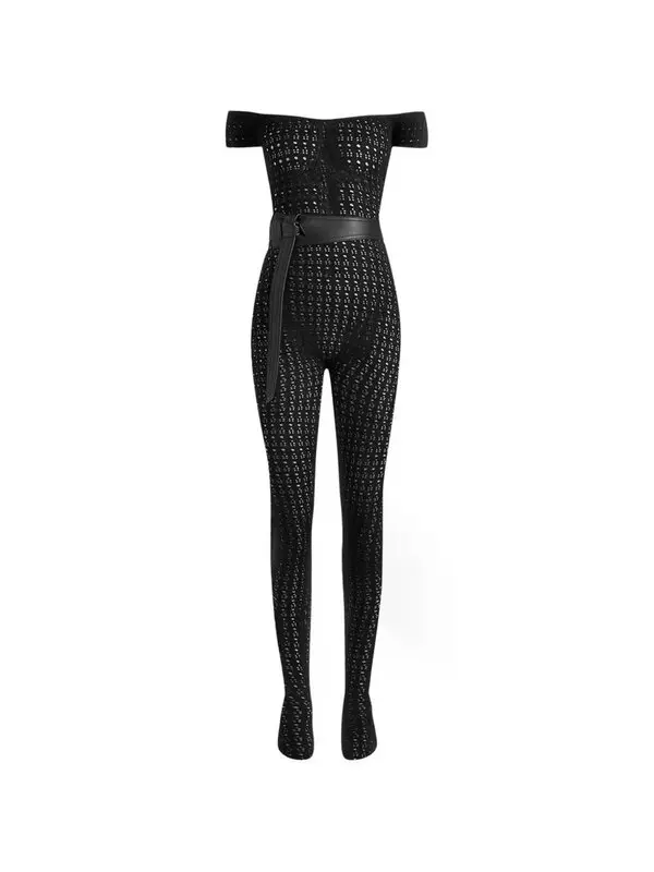 Manière De Voir Pointelle Knit Bardot Jumpsuit With Belt - Black