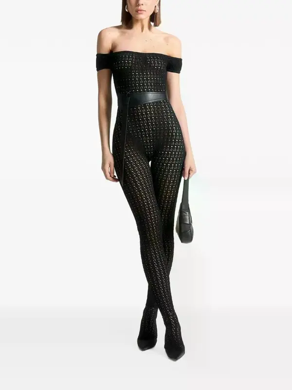 Manière De Voir Pointelle Knit Bardot Jumpsuit With Belt - Black