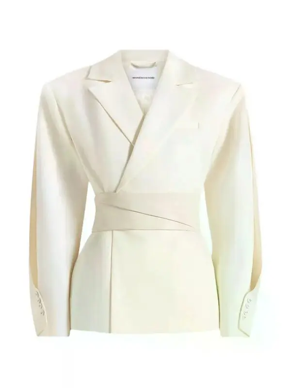 Manière De Voir Off-white Twist-sleeve Tailored Blazer With Belt - Neutrals