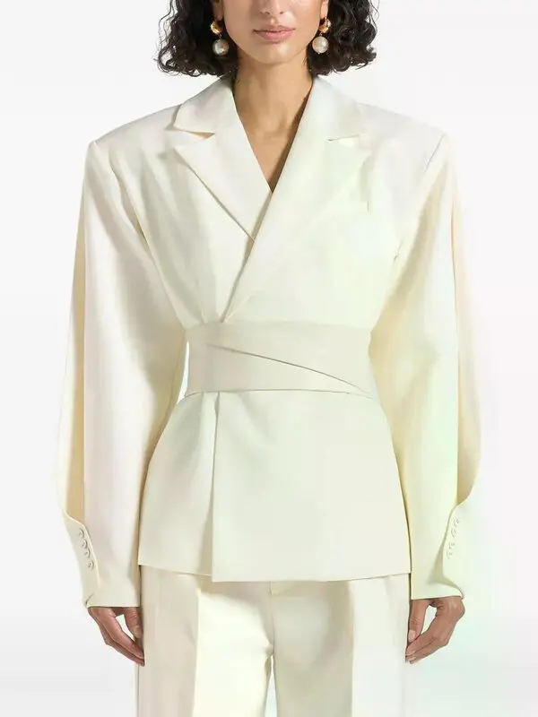 Manière De Voir Off-white Twist-sleeve Tailored Blazer With Belt - Neutrals