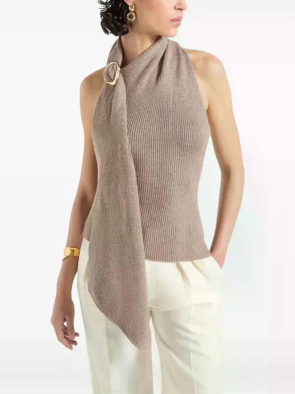 Manière De Voir Knitted Draped Halterneck Top With Metal Adjuster - Brown