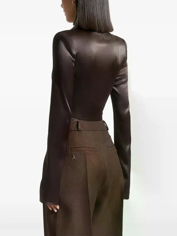 Manière De Voir Louise Wide Shoulder Satin Shirt Bodysuit - Brown