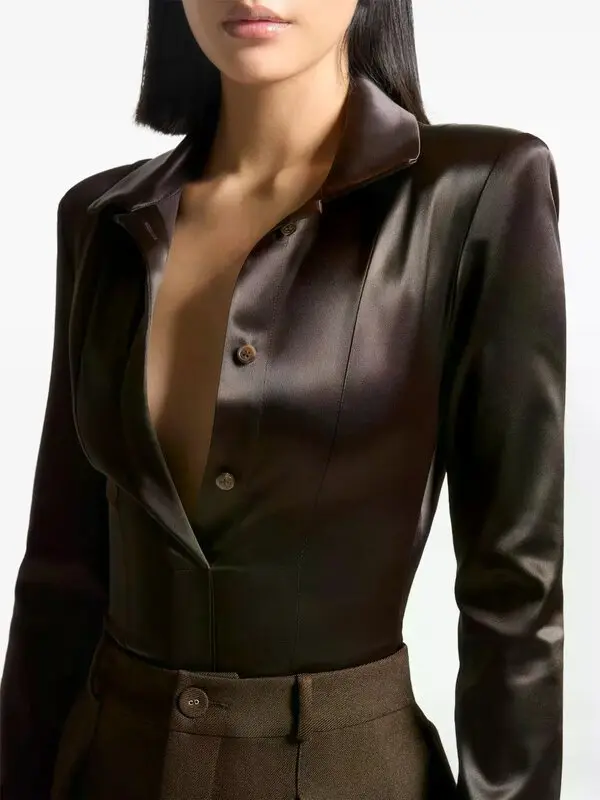 Manière De Voir Louise Wide Shoulder Satin Shirt Bodysuit - Brown