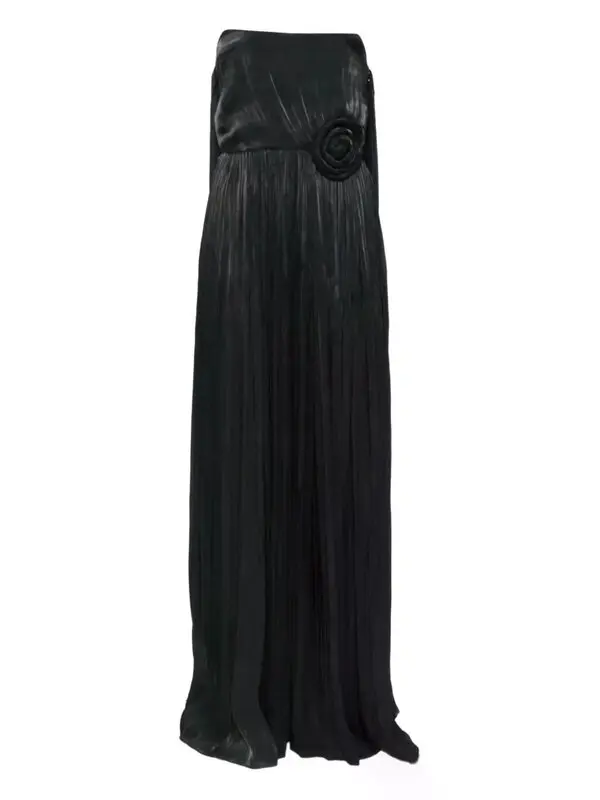 NISSA Pleated Maxi Dress With Rose Embellishment - Black