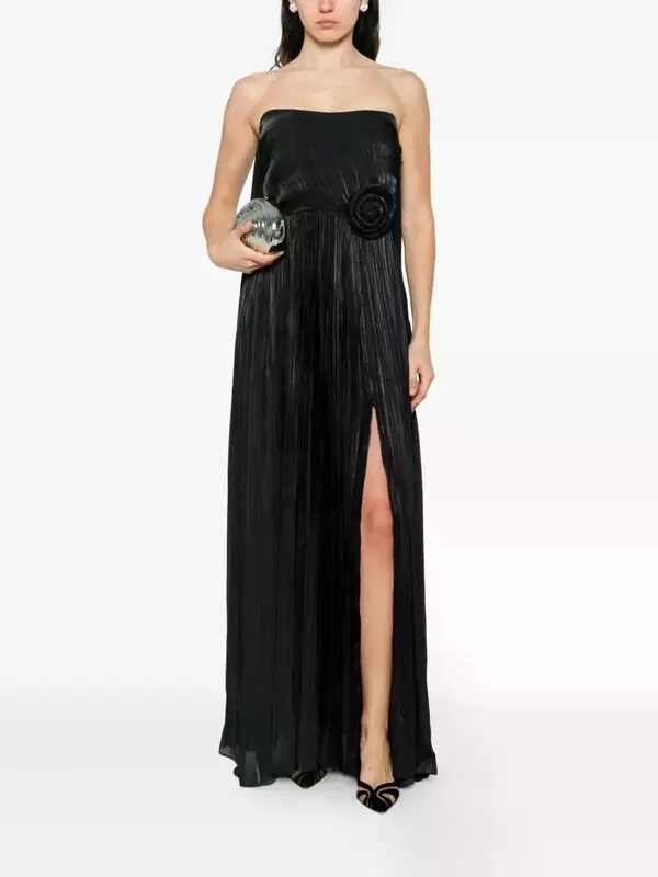 NISSA Pleated Maxi Dress With Rose Embellishment - Black