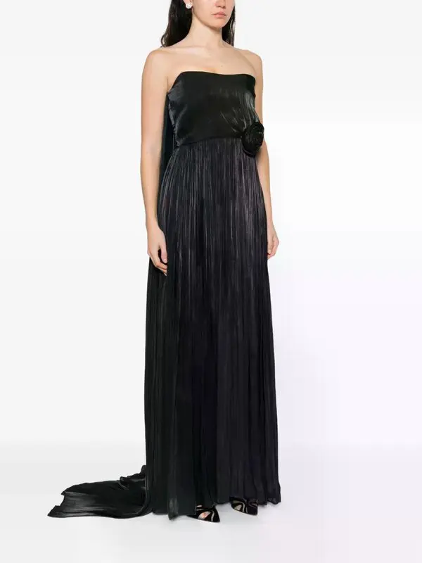 NISSA Pleated Maxi Dress With Rose Embellishment - Black