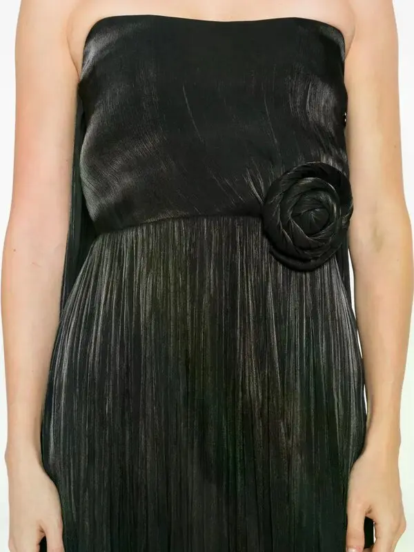 NISSA Pleated Maxi Dress With Rose Embellishment - Black