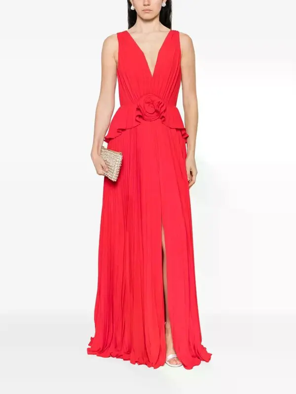 NISSA Pleated Rose-appliqué Maxi Dress