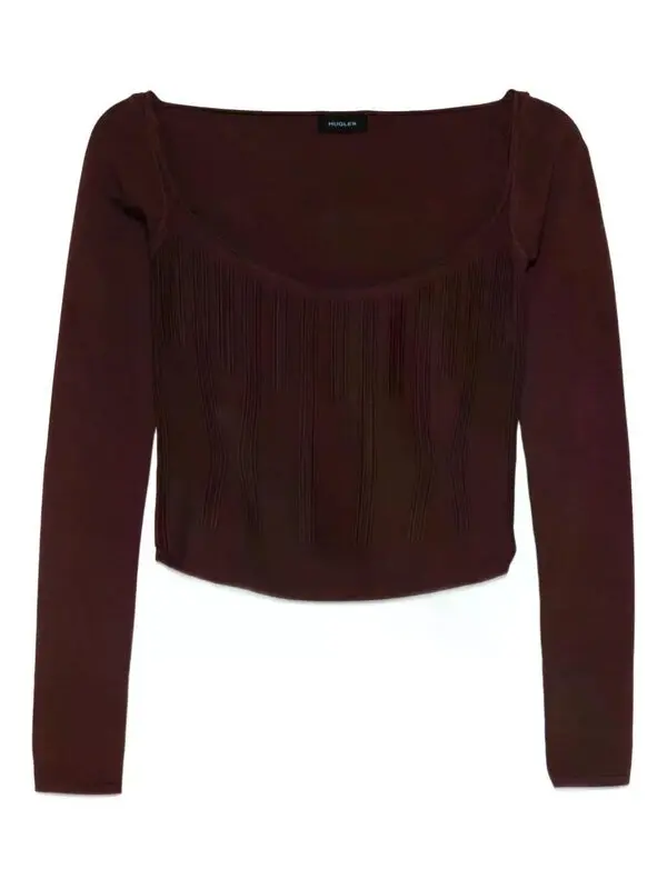 MUGLER Square Neck Ribbed Long Sleeve Top