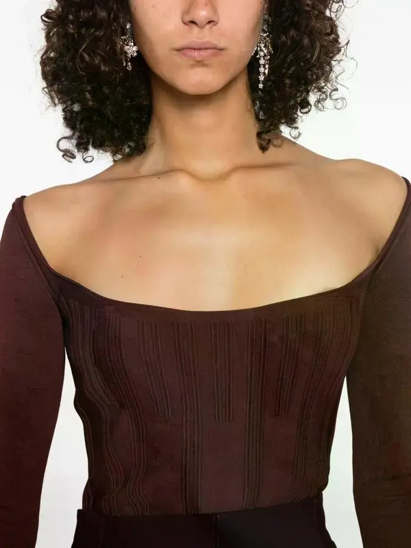 MUGLER Square Neck Ribbed Long Sleeve Top