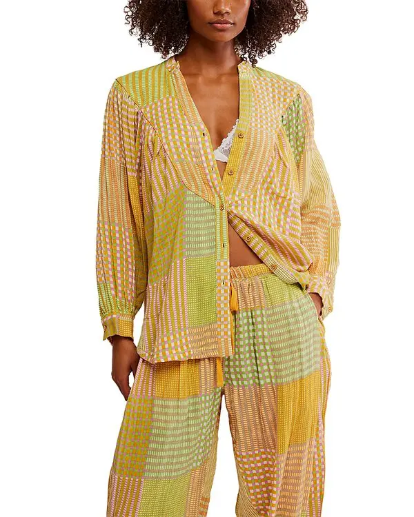 Free People Night After Night Pajama Shirt - Lemon Lime Combo