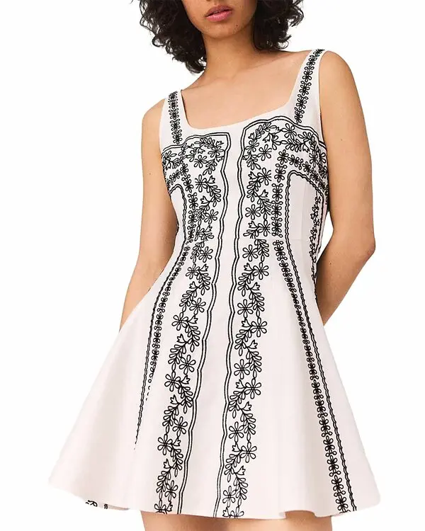 Maje Short Embroidered Dress - Ecru Blac