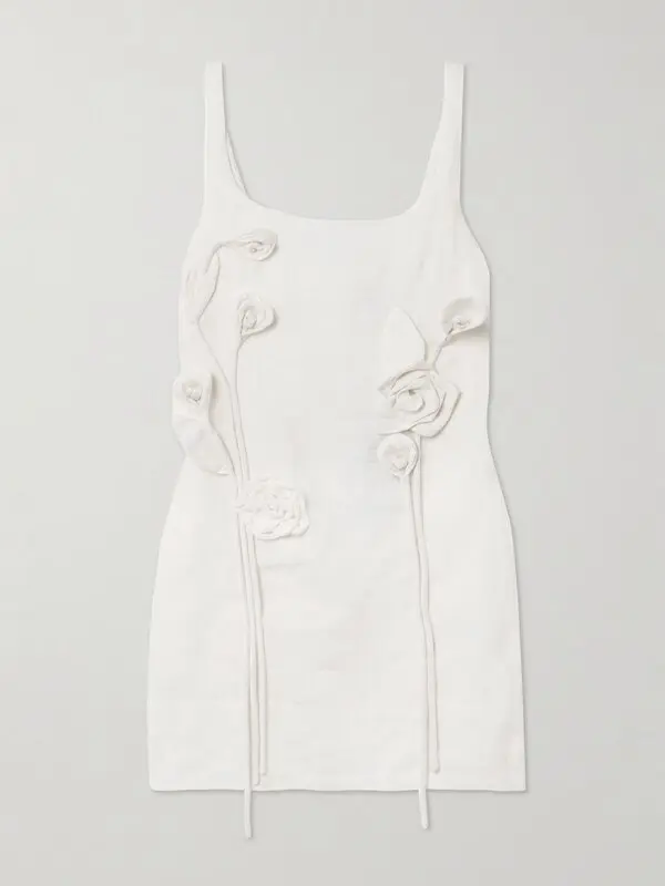 Farm Rio Floral-appliquéd Linen Mini Dress - Neutrals
