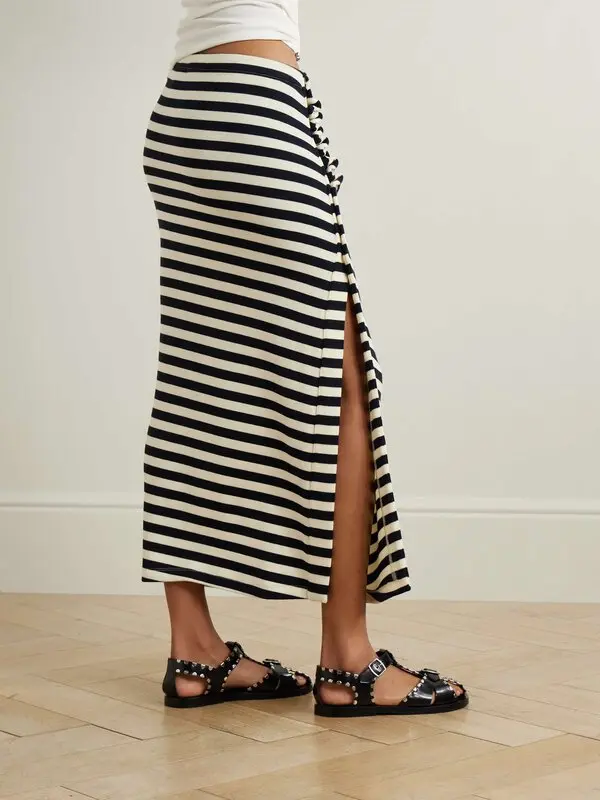 Rabanne Gathered Striped Wool-blend Midi Skirt