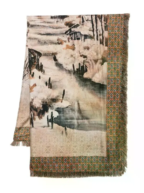 PIERRE-LOUIS MASCIA Alopie Printed Fringed Scarf - Brown