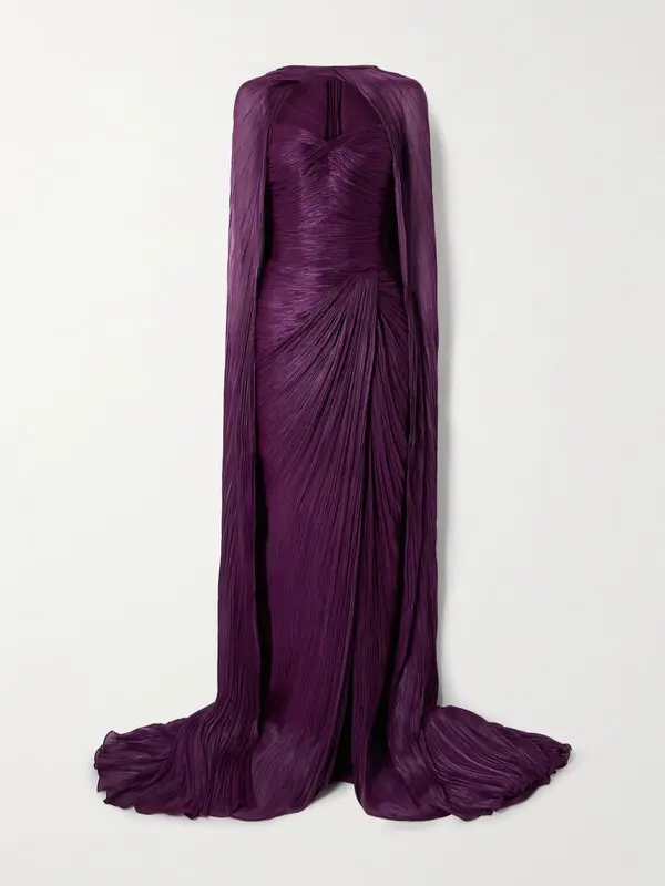 MARMAR HALIM Cape-effect Plissé Silk-satin Gown