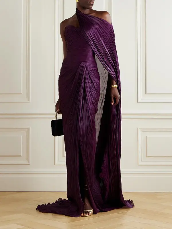 MARMAR HALIM Cape-effect Plissé Silk-satin Gown