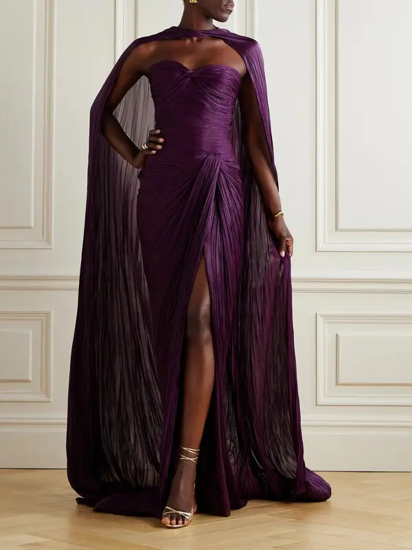 MARMAR HALIM Cape-effect Plissé Silk-satin Gown