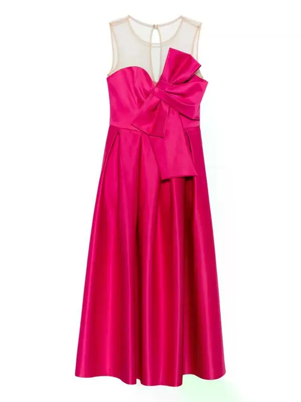 NISSA Bow-detail Mesh-insert Midi Dress - Pink