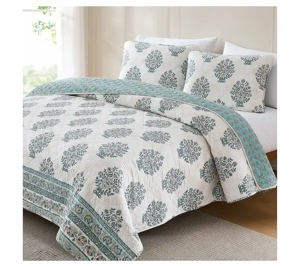 LUSH DECOR Sofia Flower Reversible Cotton Quilt Set Full/queen