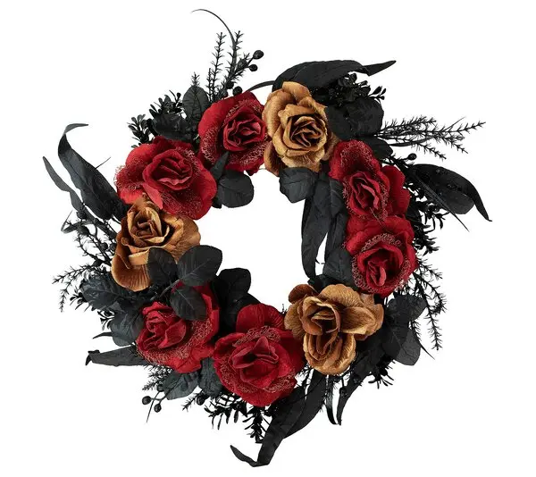 NORTHLIGHT Roses With Foliage Halloween Wreath 2' Unlit - One-color