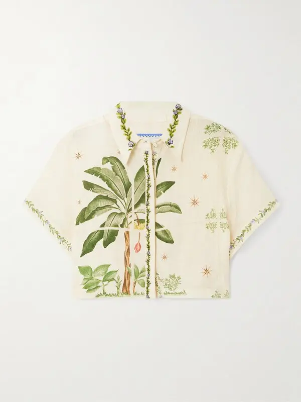 Agua Bendita Virtuosa Wild Cropped Embellished Embroidered Printed Linen Shirt - Cream