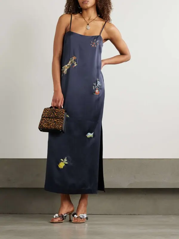 Alemais Anouk Colantoni Fontaine AppliquD Satin Midi Dress - Navy |  Editorialist