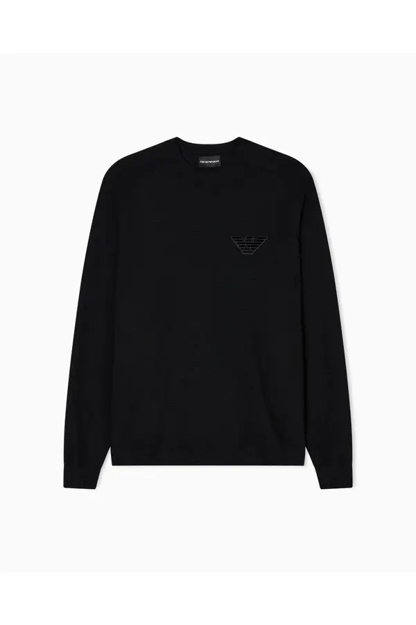 Emporio Armani Plain-knit Virgin Wool Jumper With Eagle Patch - Black