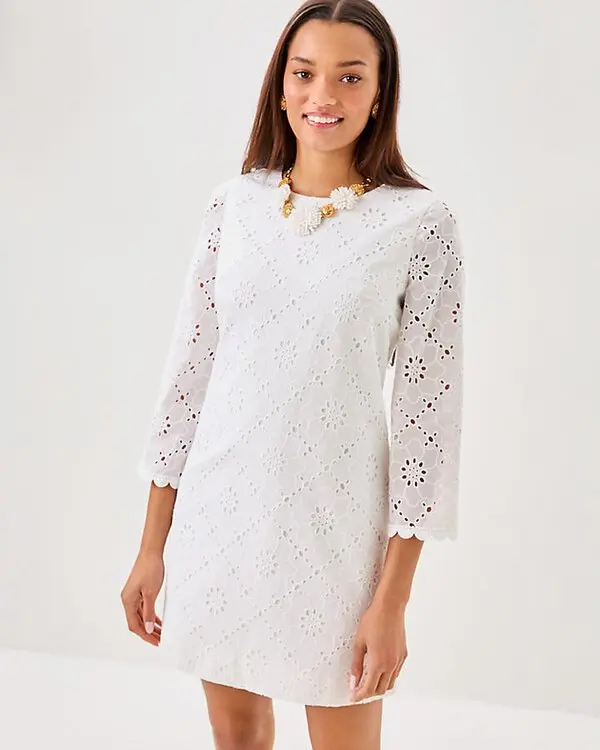 Lilly Pulitzer Richie 3/4 Sleeve Shift Dress - Resort White Beach Haven  Eyelet | Editorialist
